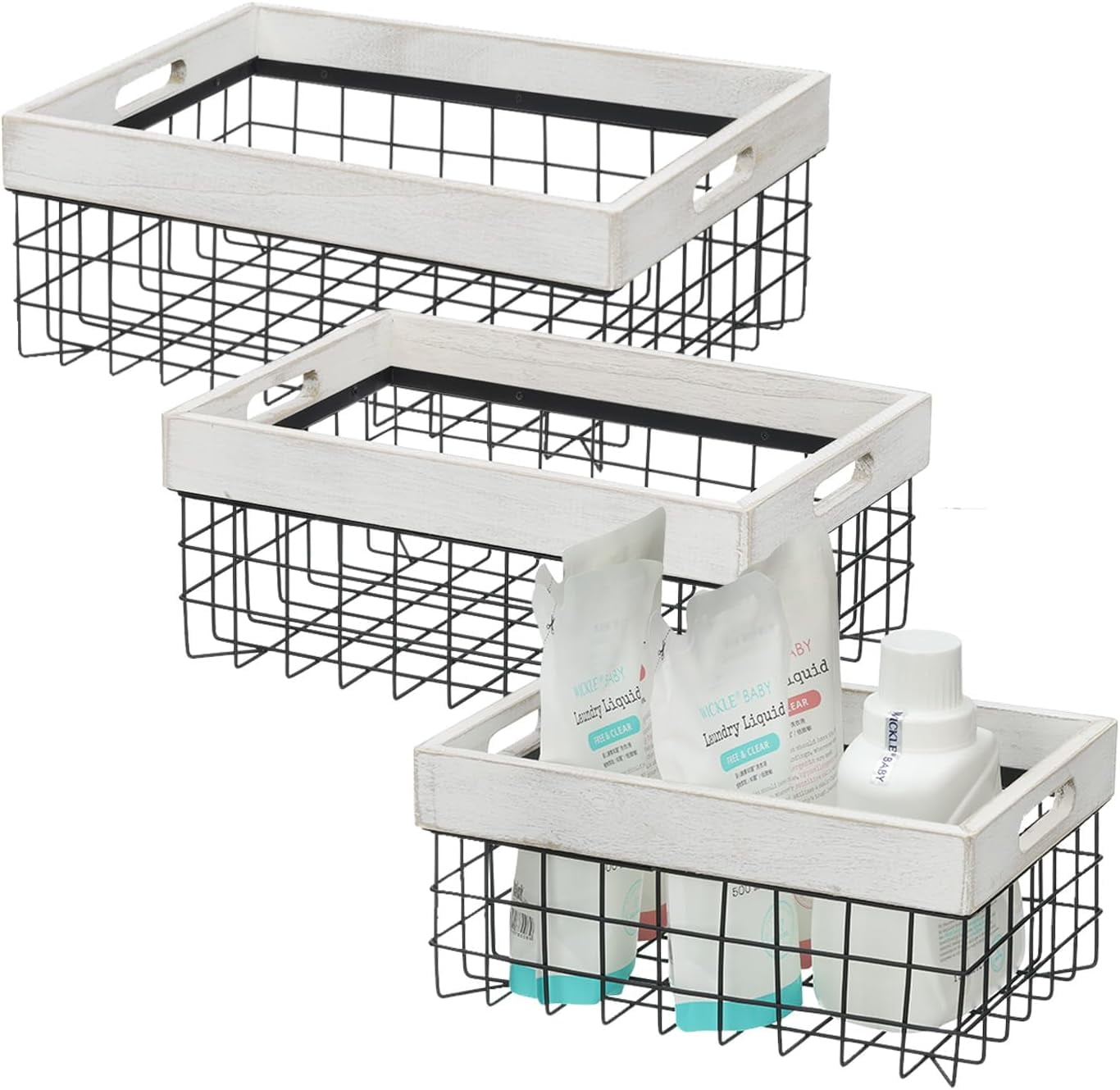 Set of 3 Metal Wire Baskets for Organizing Wood Top with Handles ...