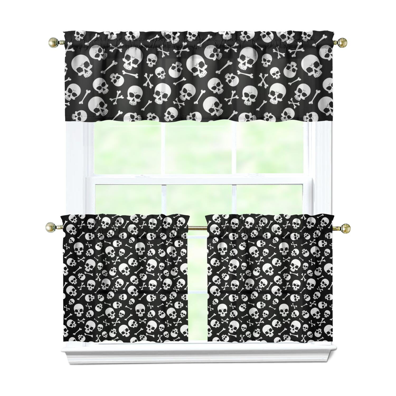 Set of 3 Mexican Day of Dead Kitchen Curtains - Skeleton & Floral Print ...