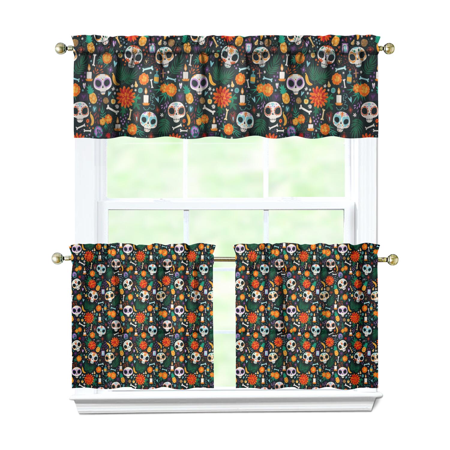 Set of 3 Mexican Day of Dead Kitchen Curtains - Skeleton & Floral Print ...