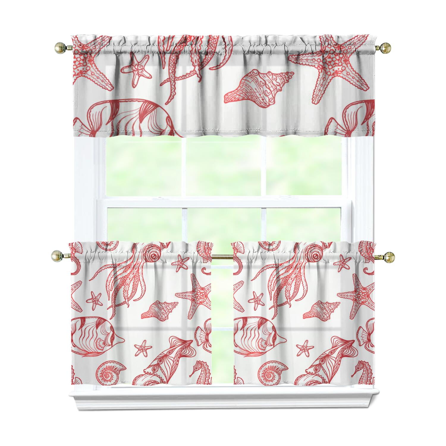 Set of 3 Nautical Kitchen Curtains - Starfish & Seahorse Design, 54x18 Valance + 2 Tier Panels ...