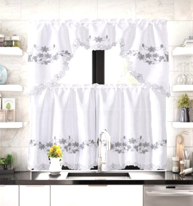 "Gorgeous Home LINEN Floral Cafe Curtains, Embroidery, Valance, Panels ...