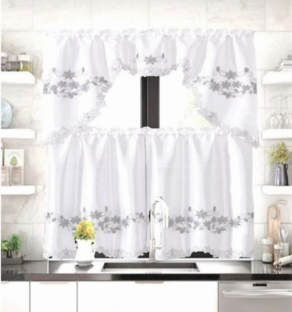 "Gorgeous Home LINEN Floral Cafe Curtains, Embroidery, Valance, Panels ...