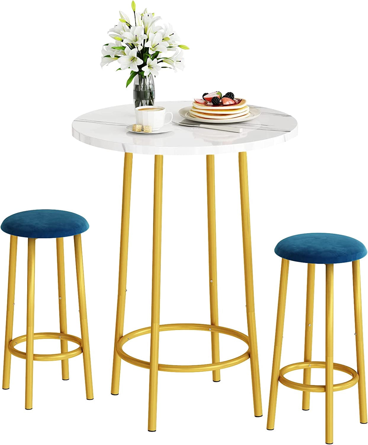 Set 3 Pieces Round Dining Set with Counter Height Faux Marble and 2 ...