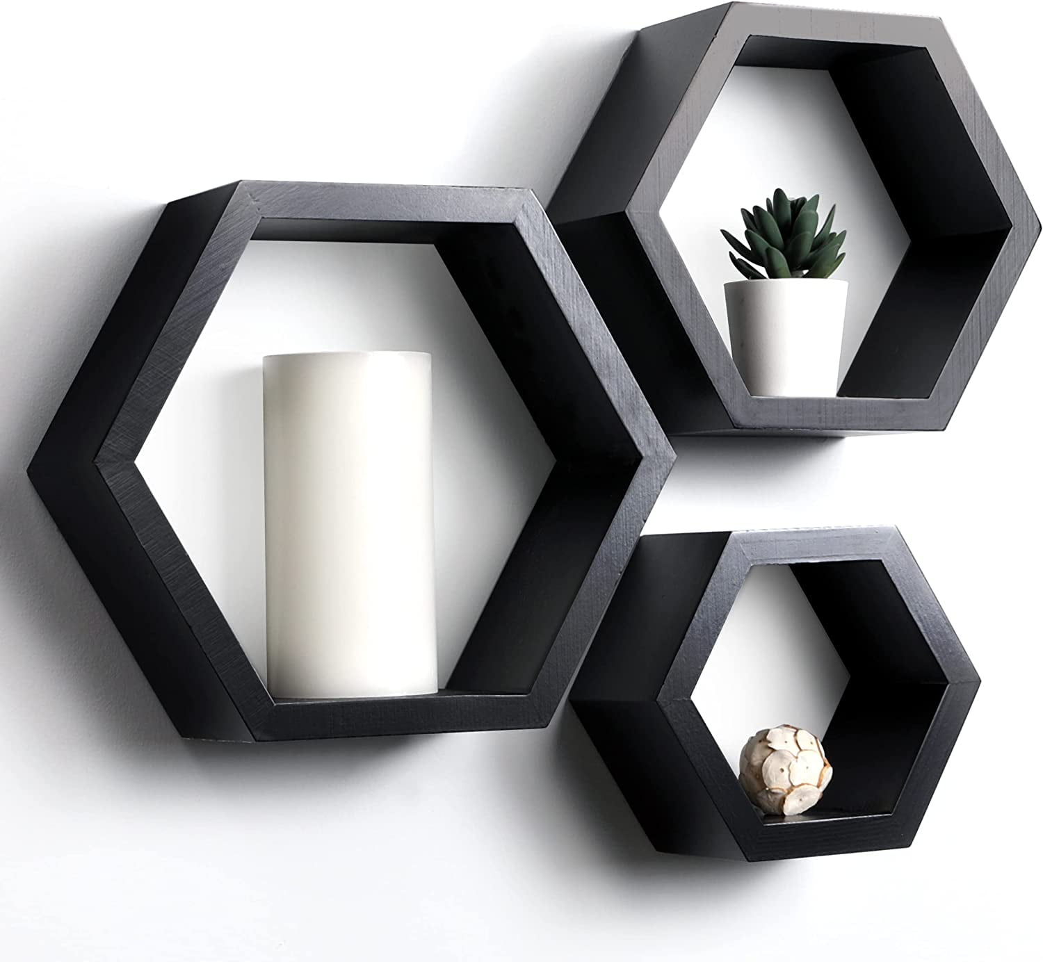 Set of 3 Pine Wood Hexagon Shelves for Wall Decor - Farmhouse Honeycomb ...