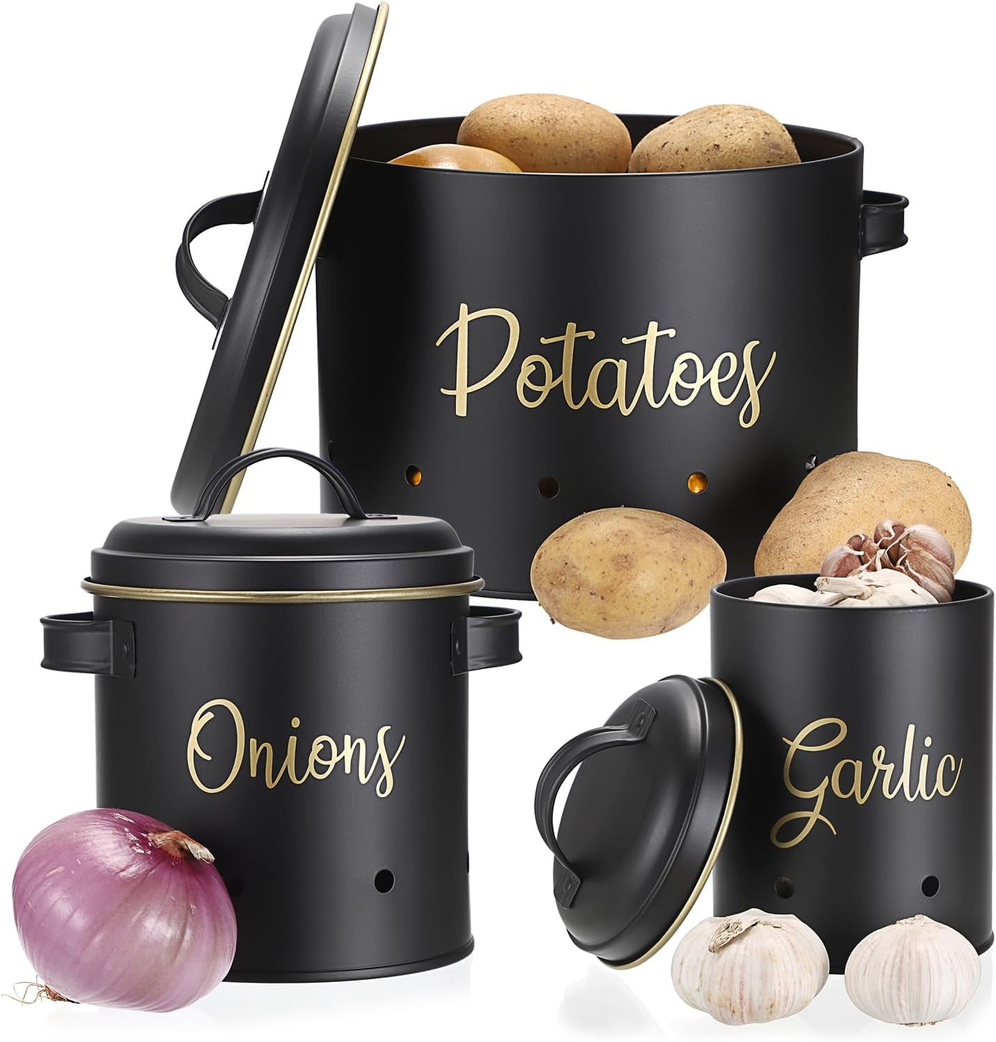 Set of 3 Potato Onion Garlic Storage Bins Vegetable Containers Food ...