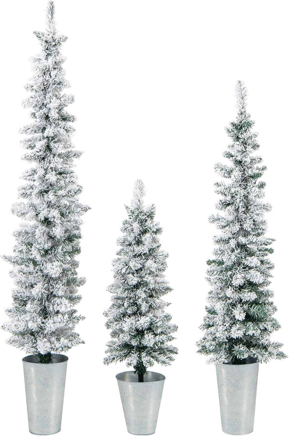 Set of 3 Pre-Lit Artificial Christmas Tree, Flocked Pencil Xmas Trees ...