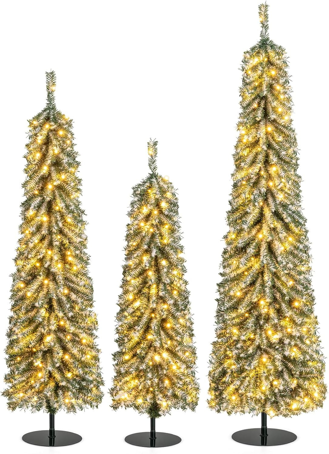 Set of 3 Pre-Lit Artificial Christmas Tree, Flocked Pencil Xmas Trees ...