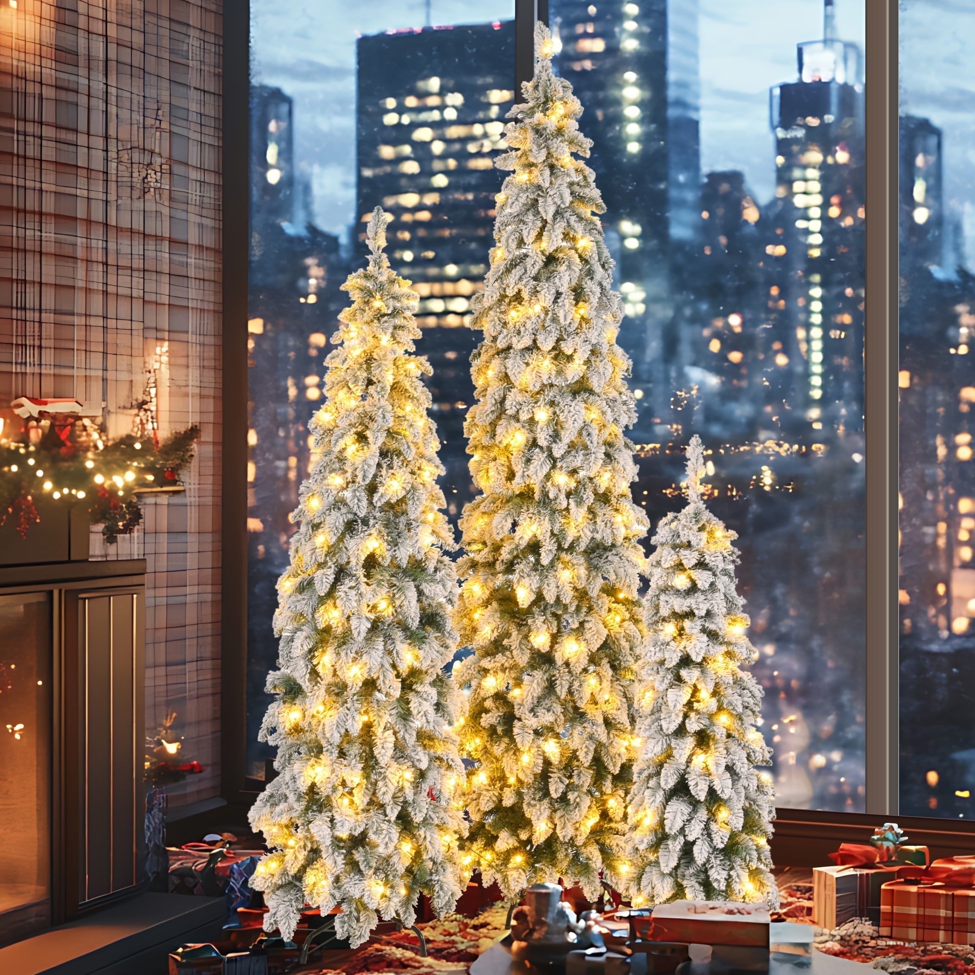 Set of 3 Prelit Christmas Tree, 4FT, 6FT, 8FT Pencil Christmas Trees ...