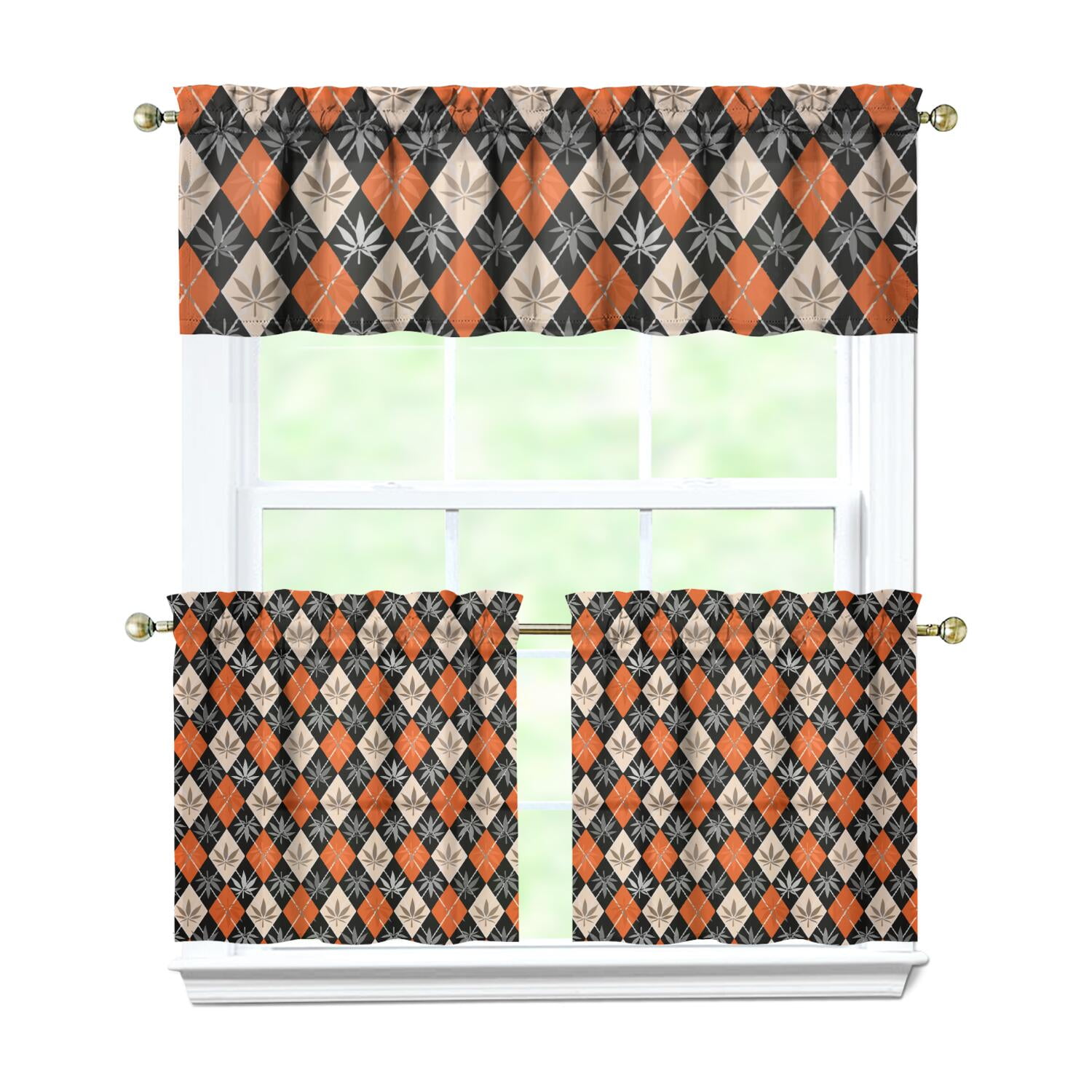 Set of 3 Psychedelic Weed Leaf Curtains - White Semi-Sheer Kitchen Tier ...