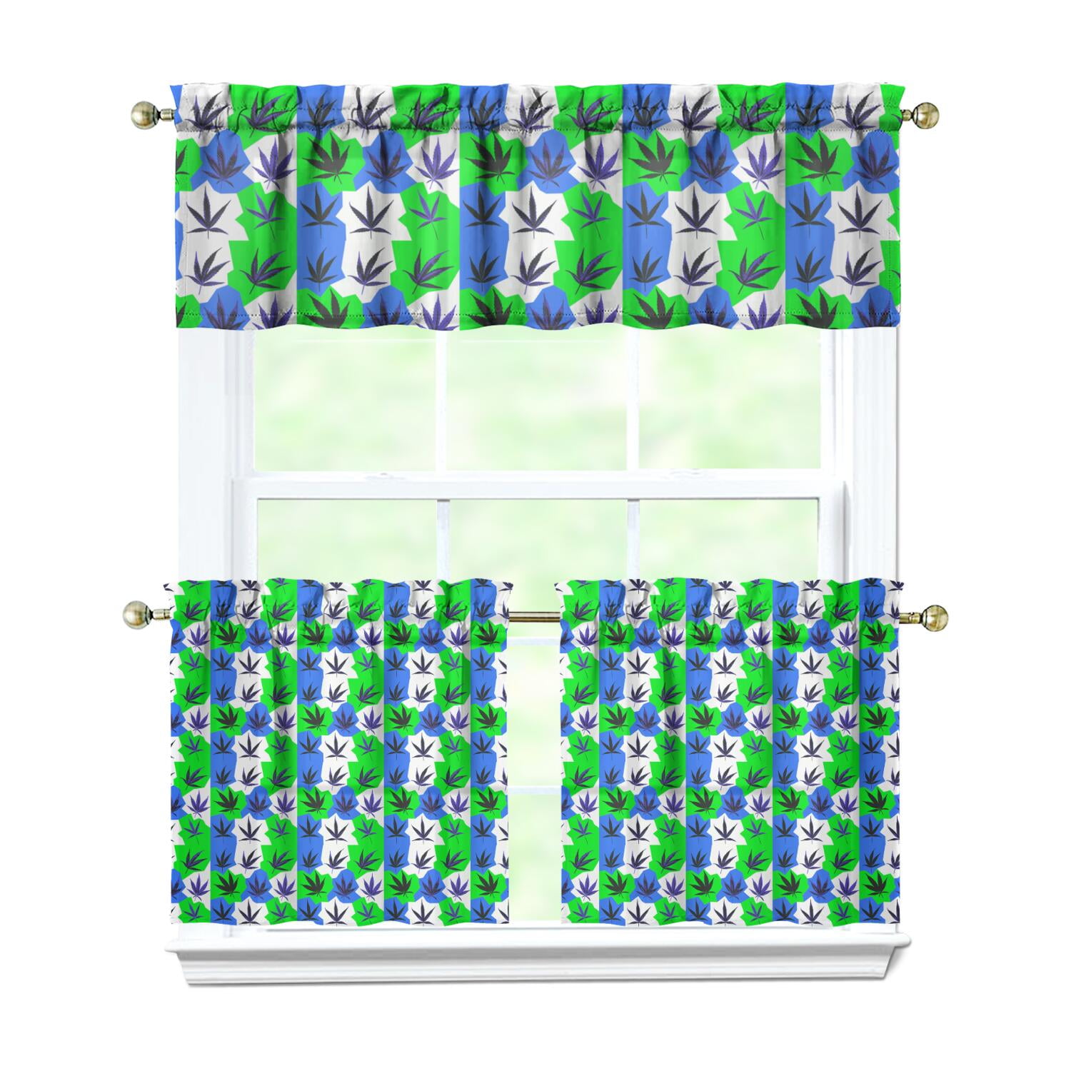 Set of 3 Psychedelic Weed Leaf Curtains - White Semi-Sheer Kitchen Tier ...