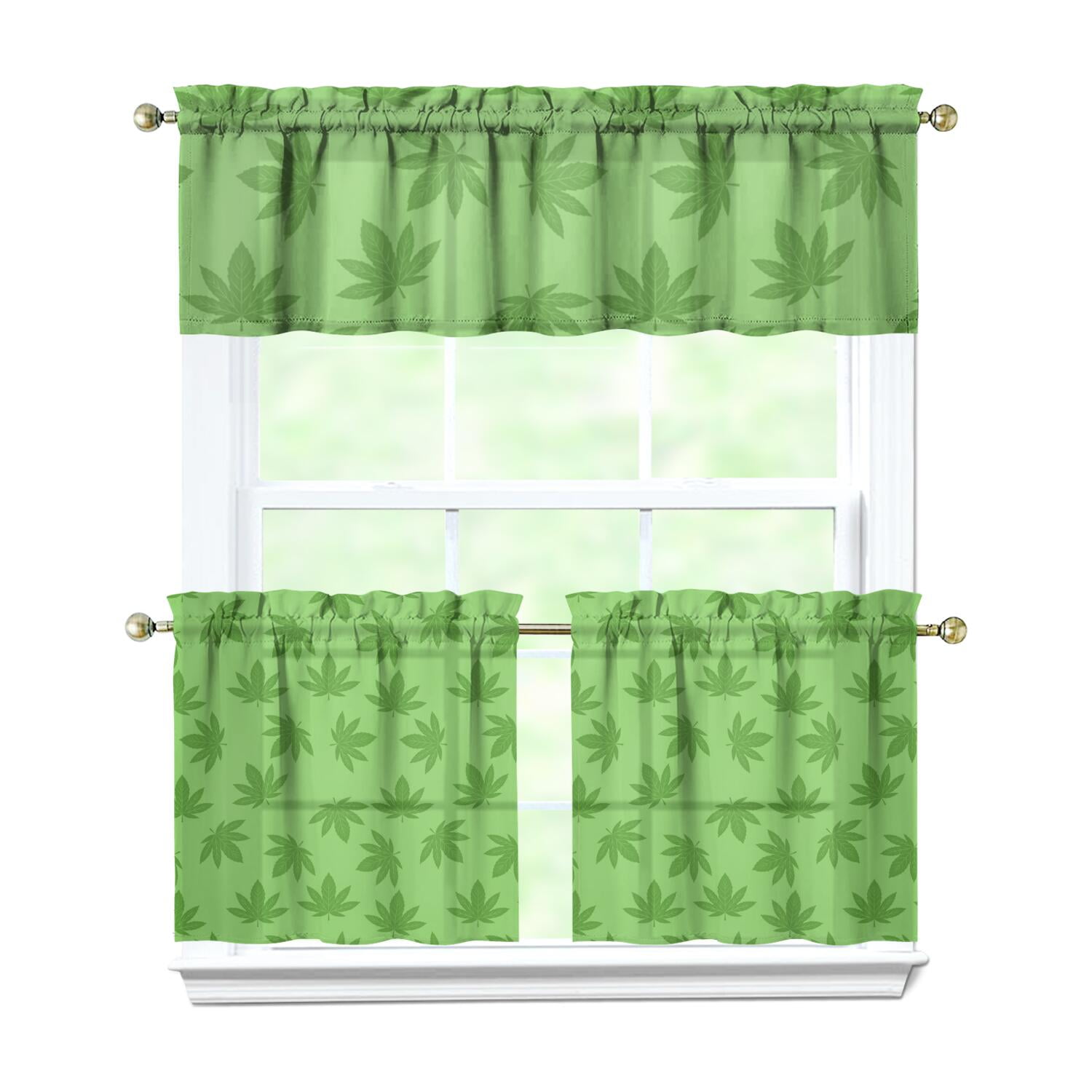 Set of 3 Psychedelic Weed Leaf Curtains - White Semi-Sheer Kitchen Tier ...