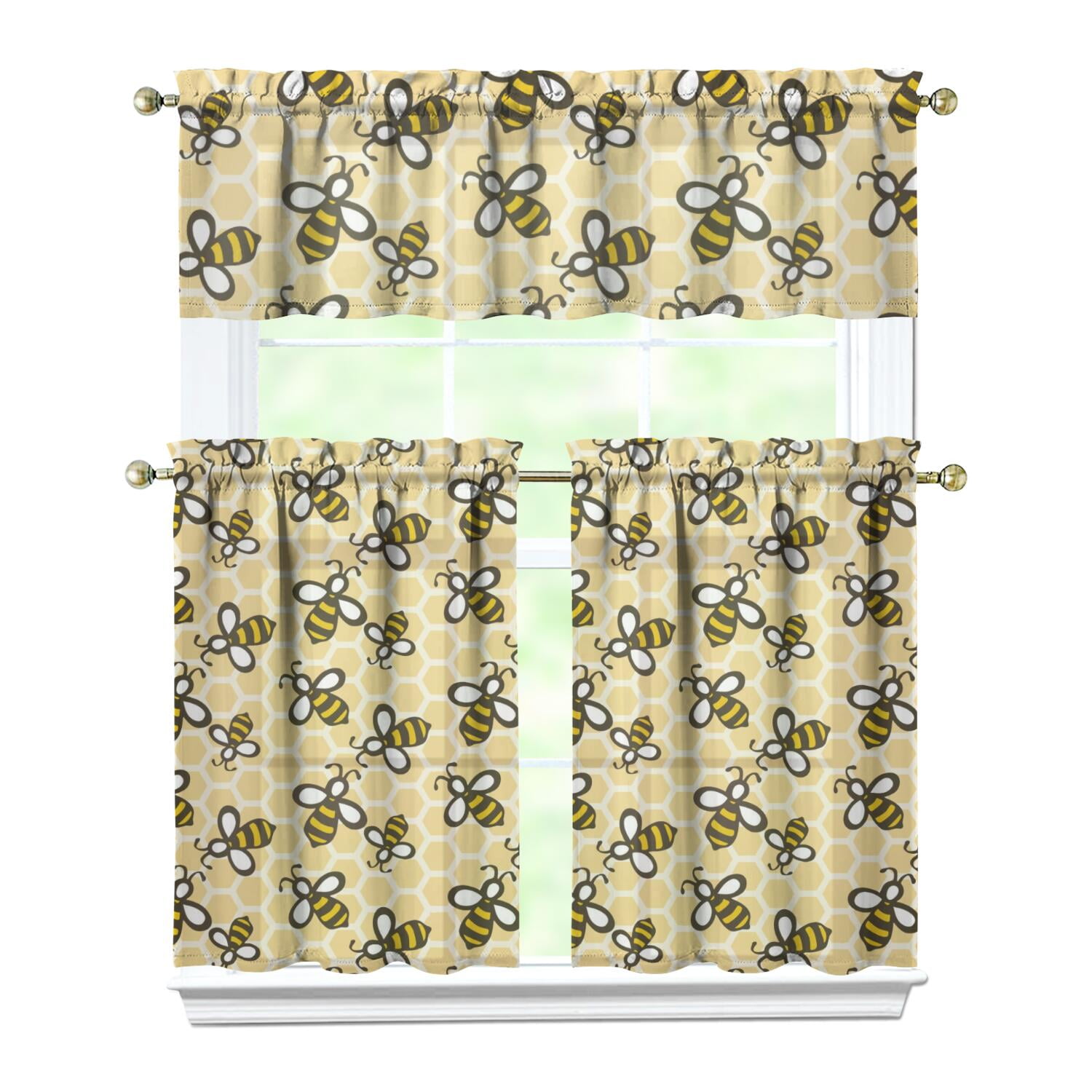 Set of 3 Queen Bee Kitchen Curtains - Honeycomb Pattern, Semi-Sheer Caf ...