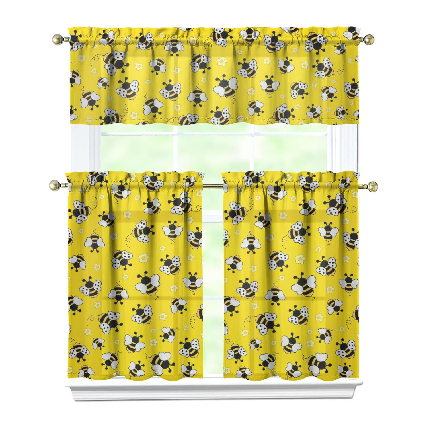 Set of 3 Queen Bee Kitchen Curtains - Honeycomb Pattern, Semi-Sheer Caf ...