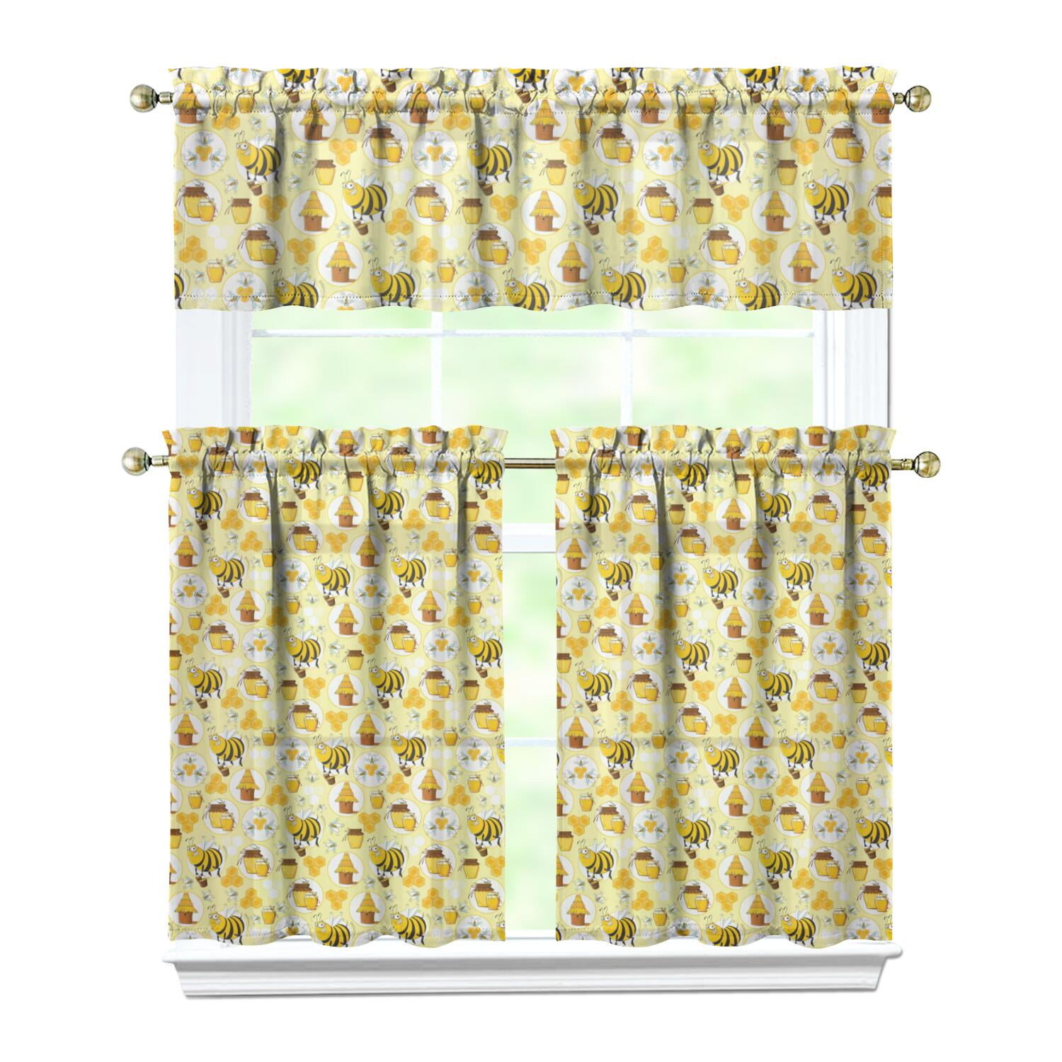 Set of 3 Queen Bee Kitchen Curtains - Honeycomb Pattern, Semi-Sheer Caf ...