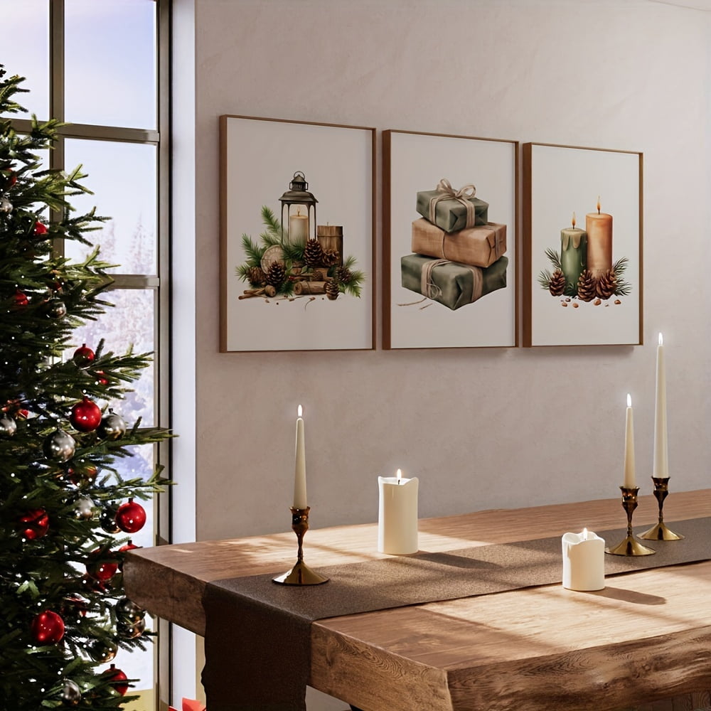 Set of 3 Rustic Christmas Candle & Pine Cone Canvas Prints - Vintage ...