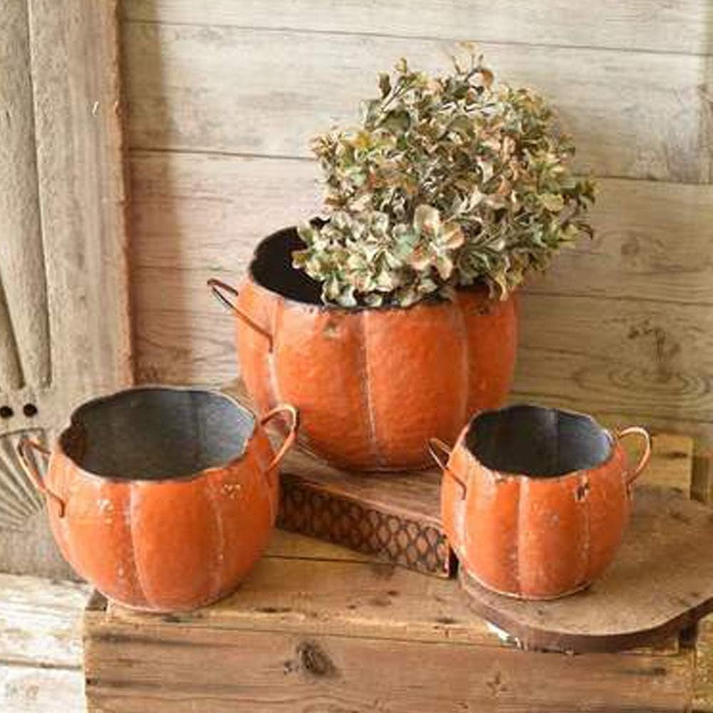 Set of 3 Rustic Orange Metal Pumpkin Planters with Handles, Fall ...