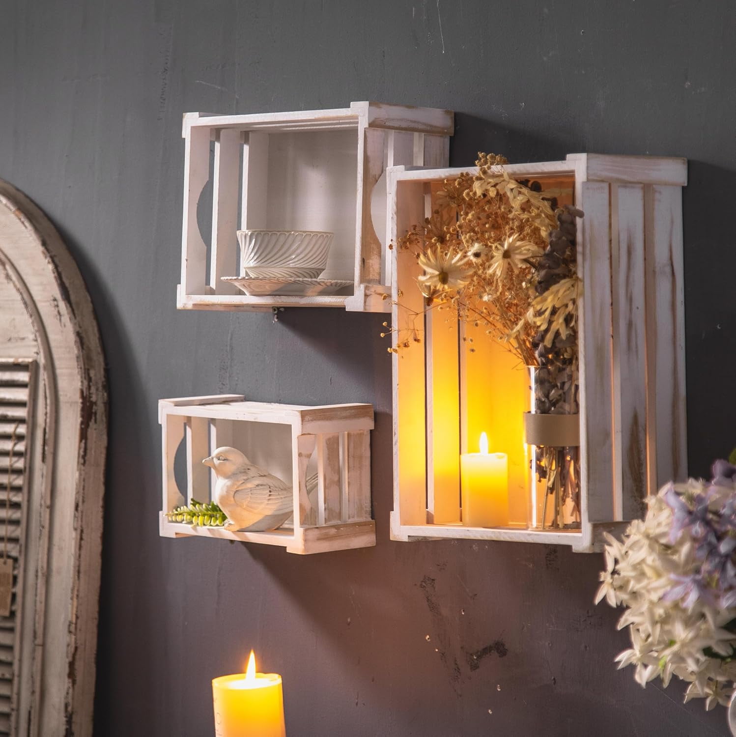 Set of 3 Rustic Washed White Wooden Crates for Crafts, Wall Hanging ...