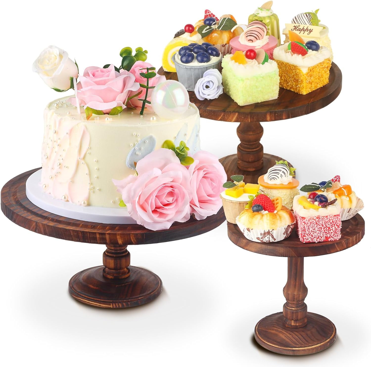 Set of 3 Rustic Wooden Cake Stands — Farmhouse Cupcake Pedestal Display ...