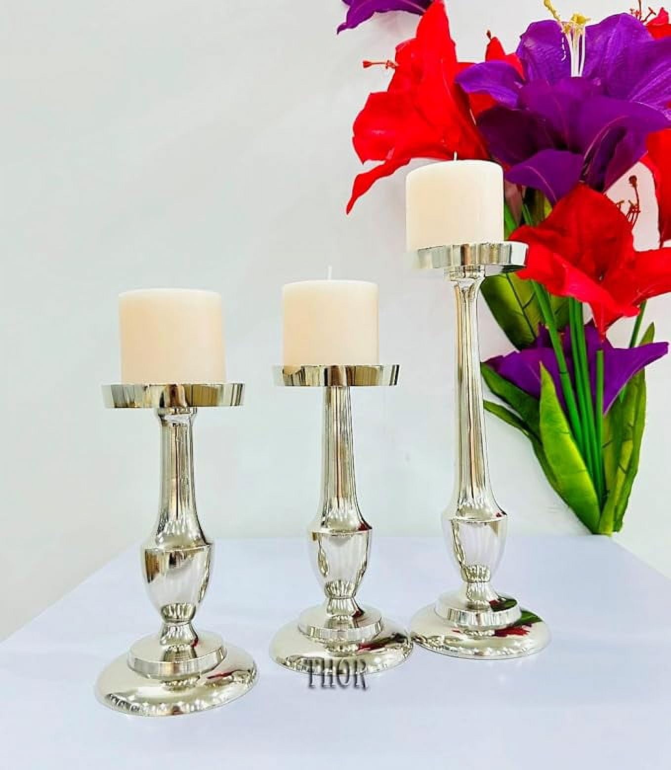 Set of 3 Silver Pillar Candle Holders, Metal Candlestick Holder ...