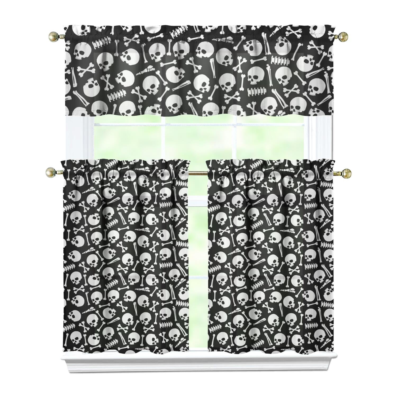 Set of 3 Skeleton & Floral Print Kitchen Curtains - Dead Day Aesthetic with Gold Retro Mandala ...