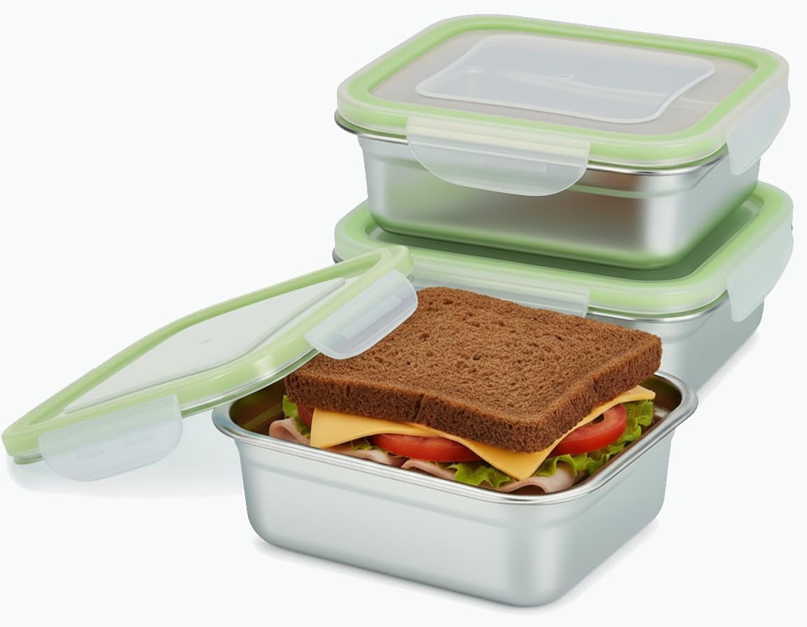 Set of 3 Stainless Steel Sandwich Containers - Food Grade Metal Base ...