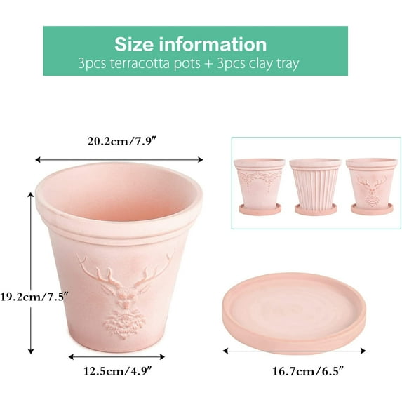 Set of 3 Terra Cotta Pots With Saucer & Drainage Hole - 8 Inch Large ...