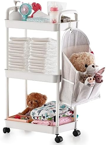 Set of 3 Tier Rolling Cart with Hanging Diaper Caddy Organizer, Roller ...