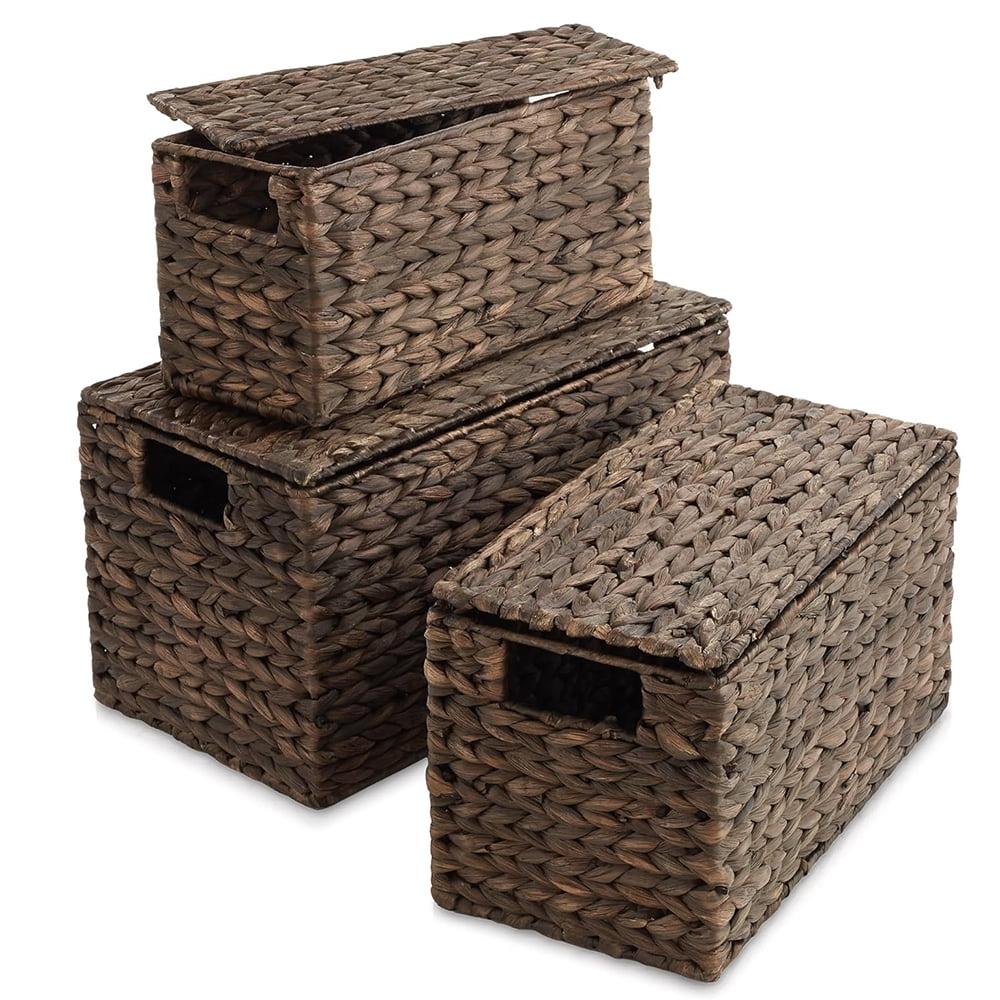 Set of 3 Water Hyacinth Storage Baskets with Lids, Espresso - Small ...