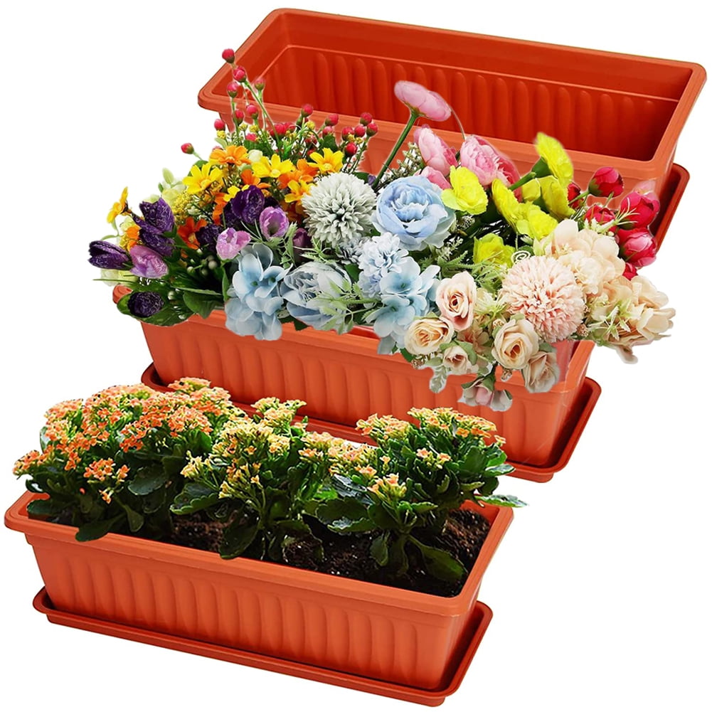 Set of 3, Window Box Flower Pots with Saucer, 17 Inches Plastic ...