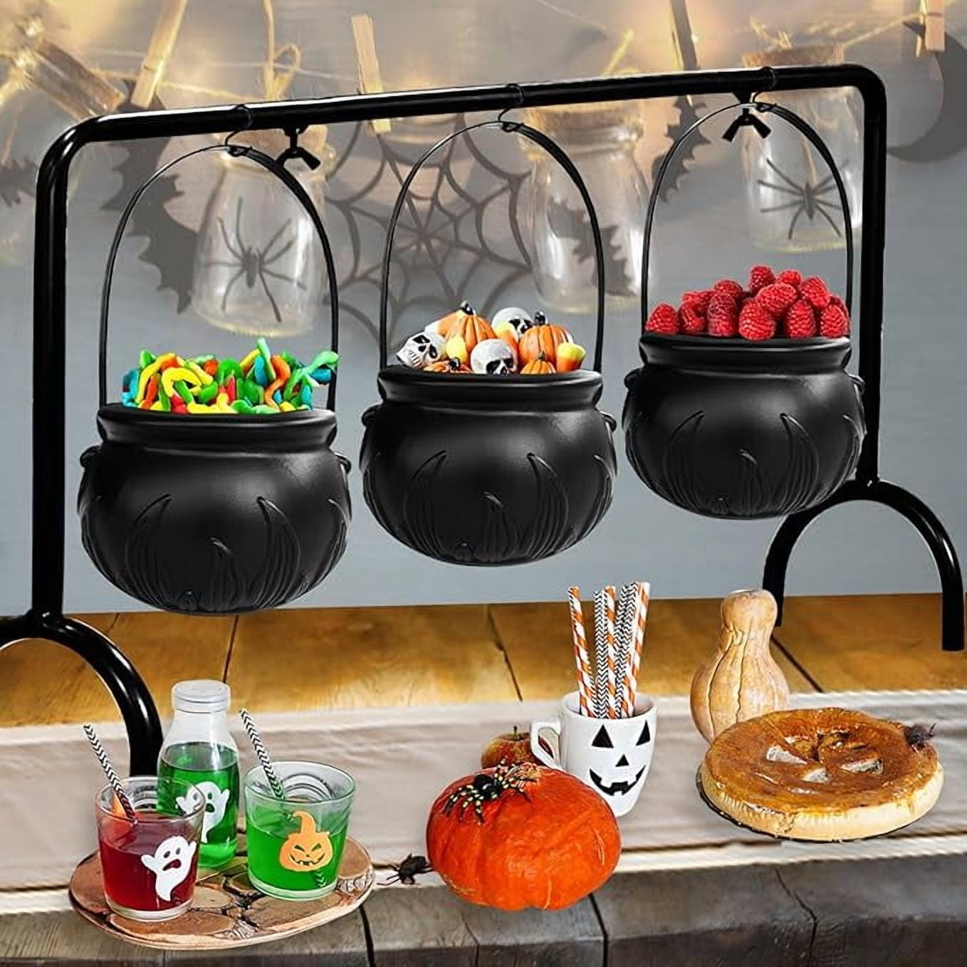 Set of 3 Witches Cauldron Serving Bowls on Rack - Black Plastic ...