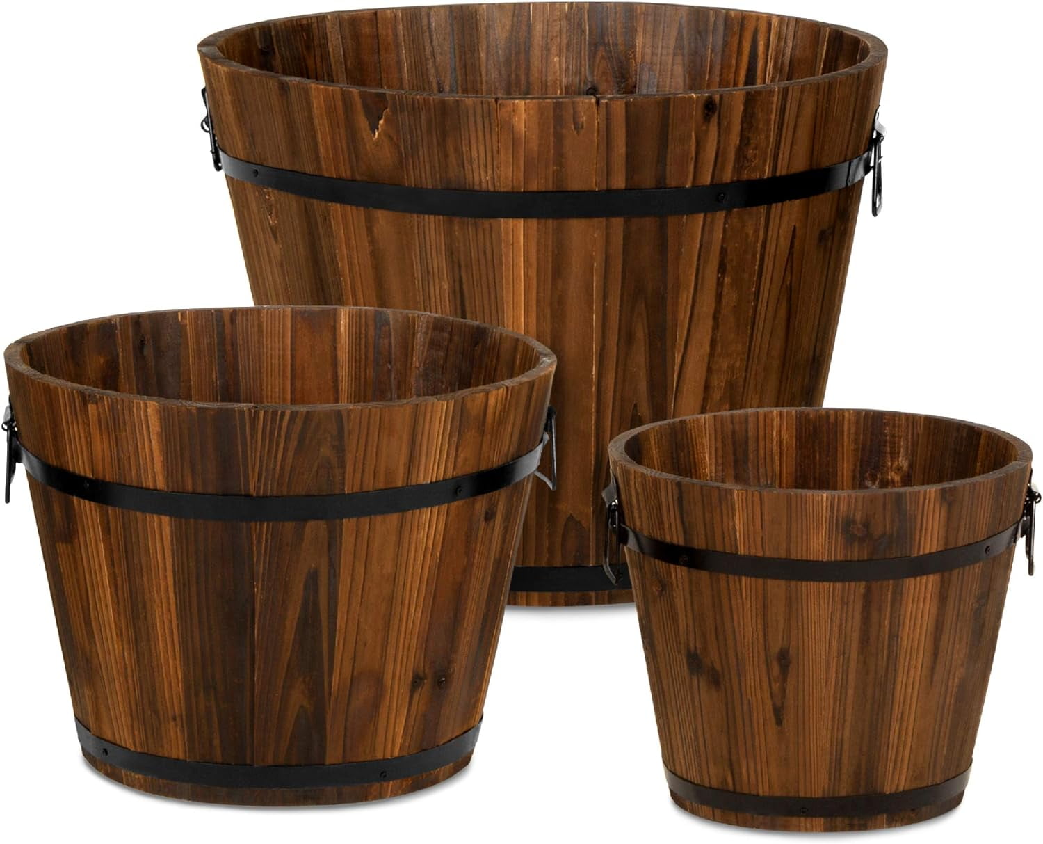 Set of 3 Wooden Bucket Barrel Garden Planters Set Rustic Decorative ...