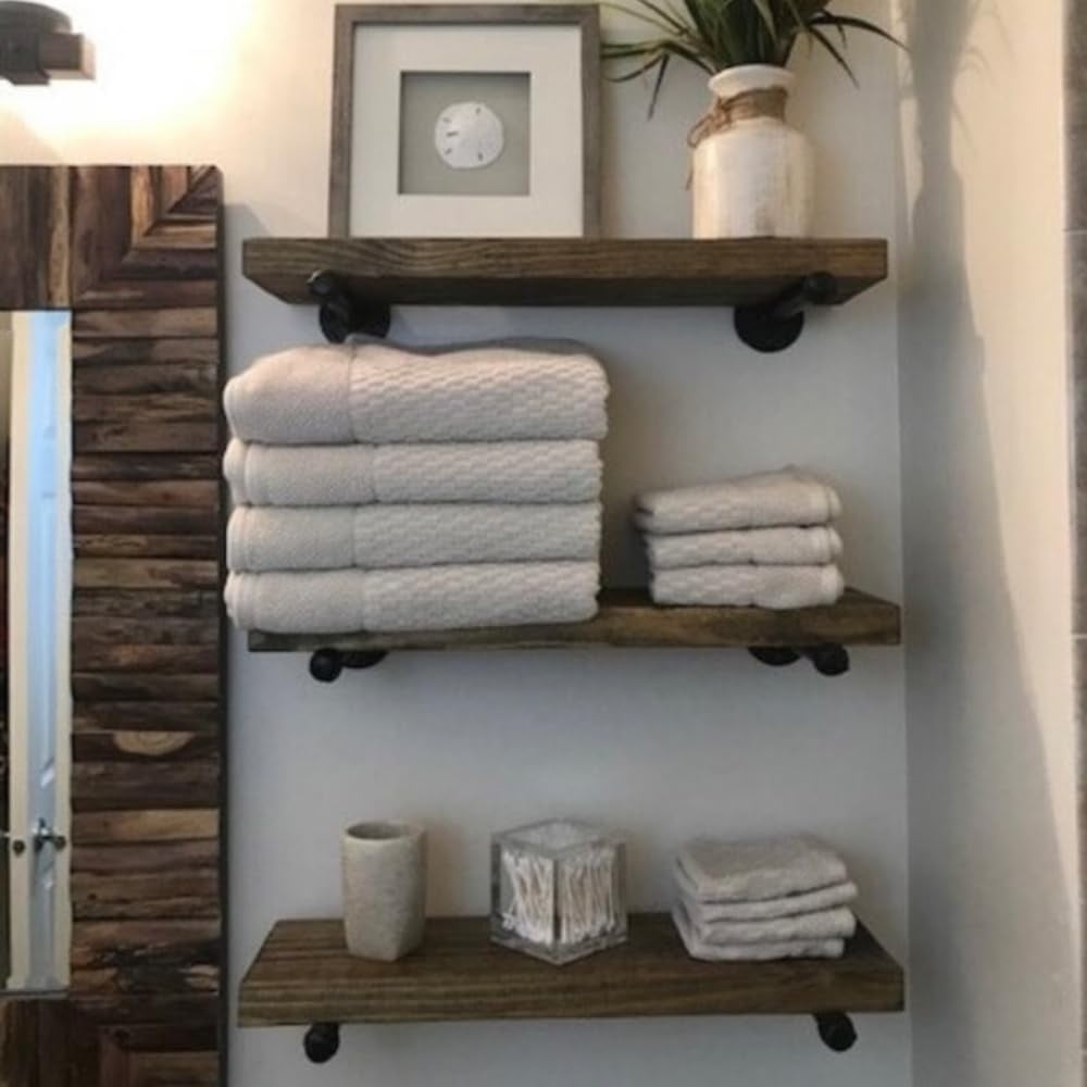 Set of 3 Wooden Floating Shelves, Deep Bathroom Floating Shelf, Pipe ...