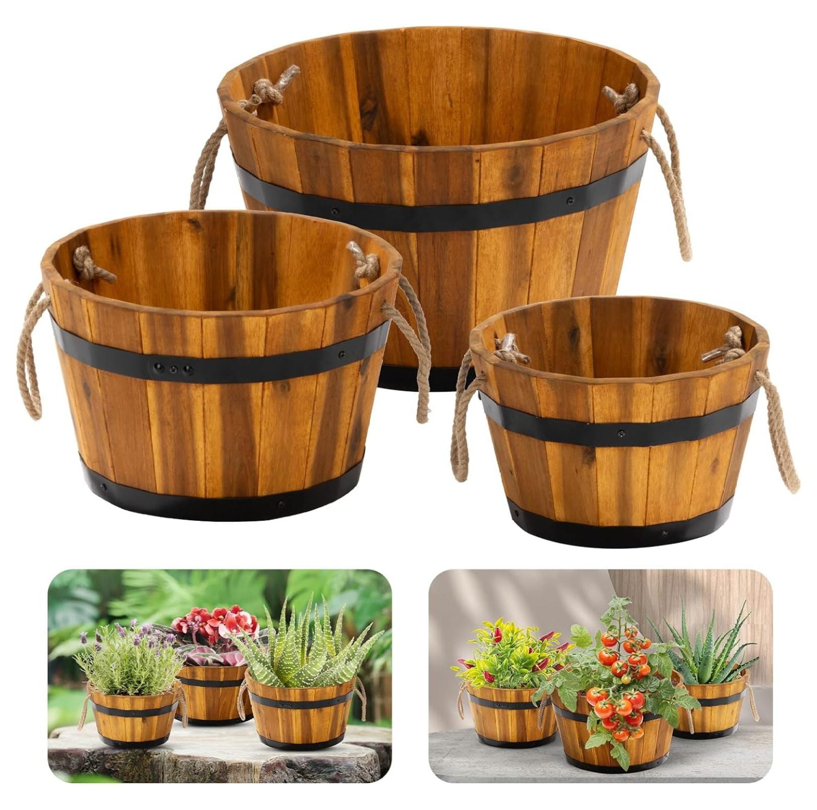 Set of 3 Wooden Flower Boxes Outdoor, Durable Acacia Wood Barrel ...