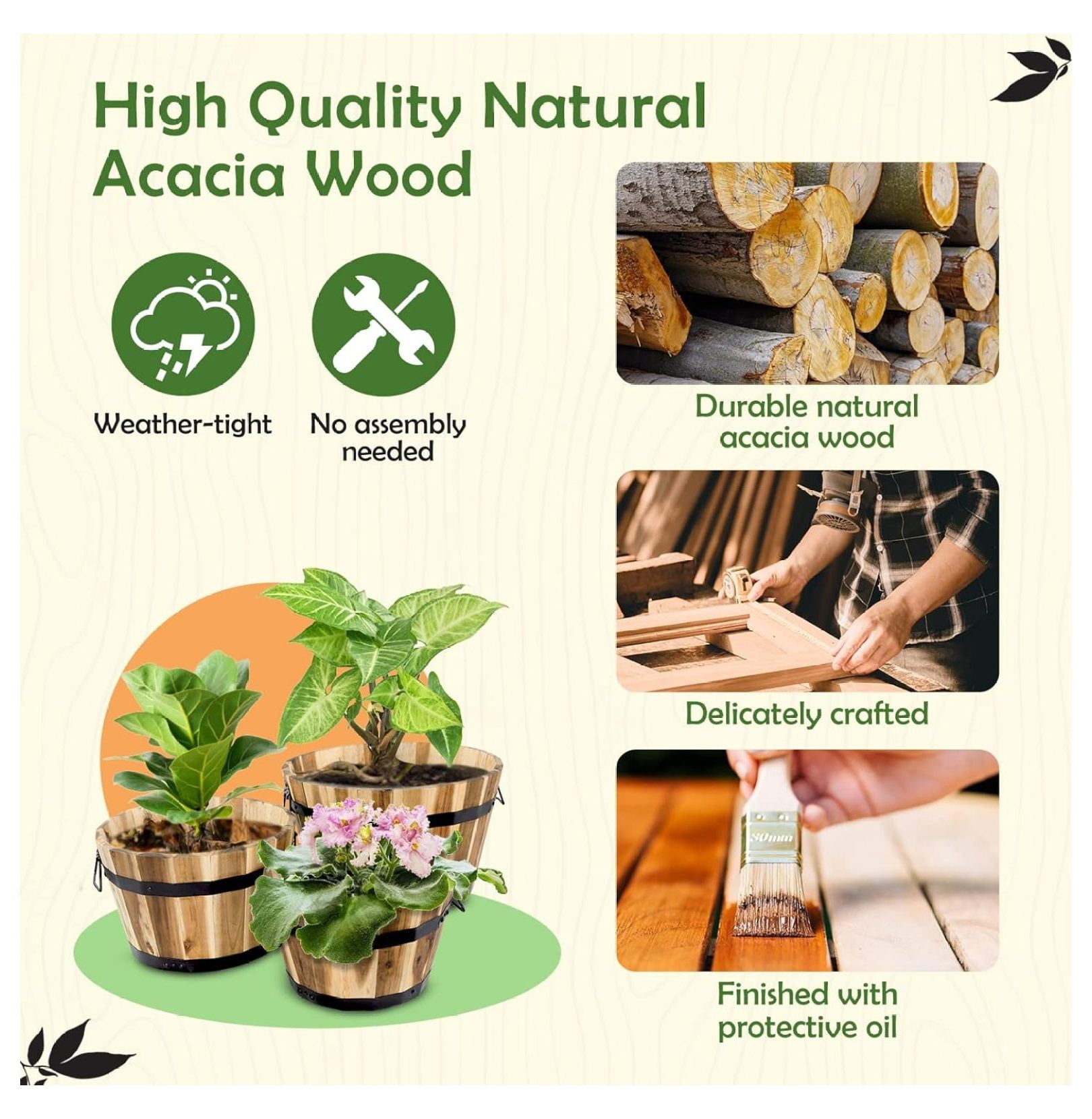 Set of 3 Wooden Flower Boxes Outdoor, Durable Acacia Wood Barrel ...