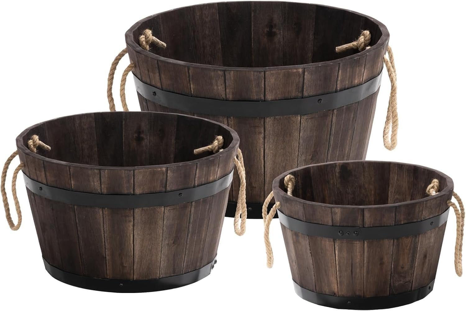 Set of 3 Wooden Flower Boxes Outdoor, Durable Acacia Wood Barrel ...