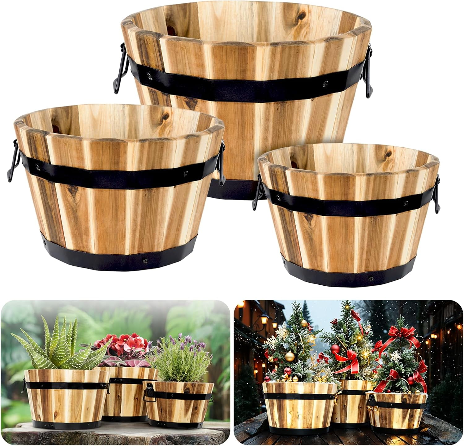 Set of 3 Wooden Flower Boxes Outdoor, Durable Acacia Wood Barrel ...