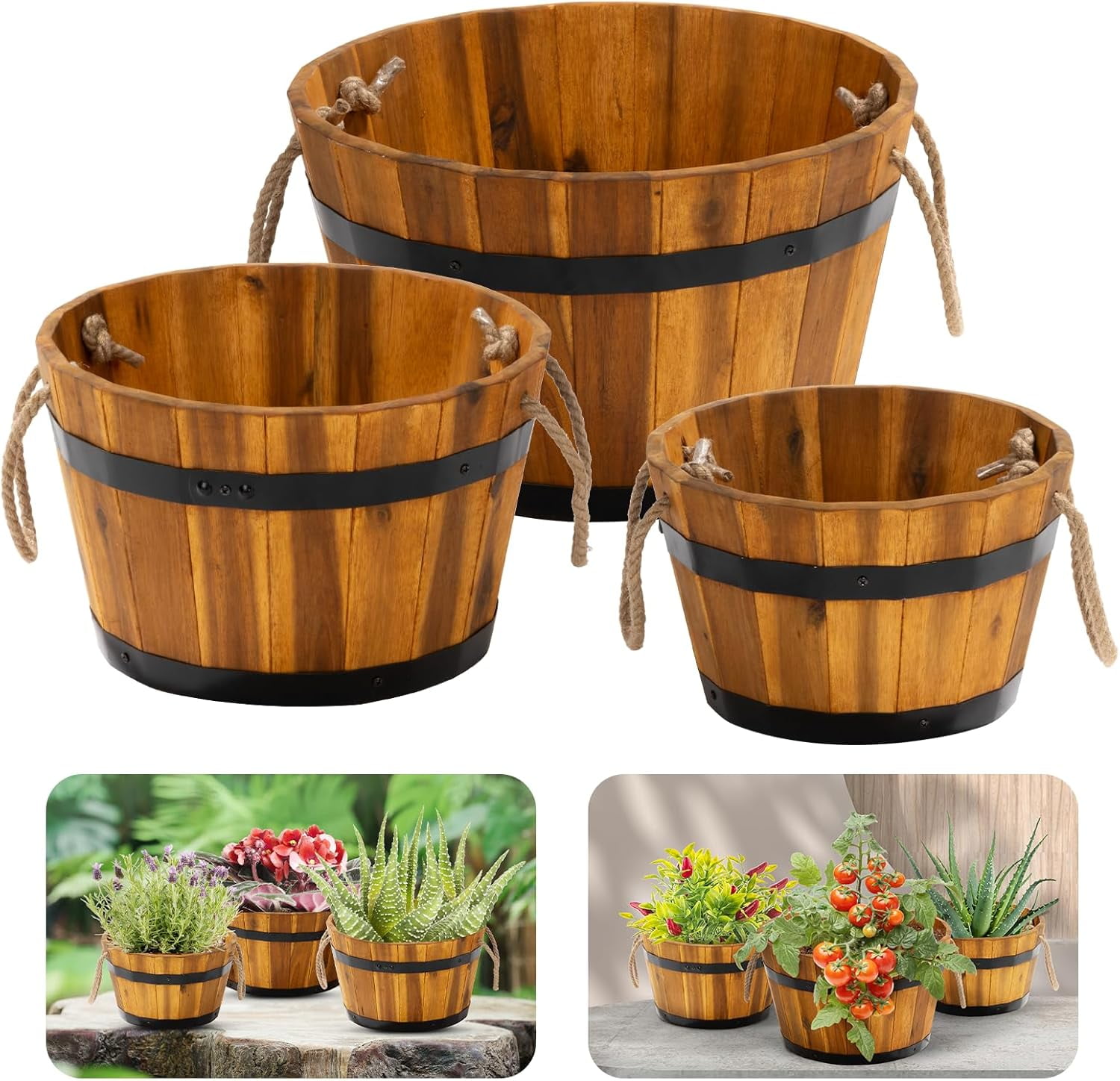 Set of 3 Wooden Flower Boxes Outdoor, Durable Acacia Wood Barrel ...