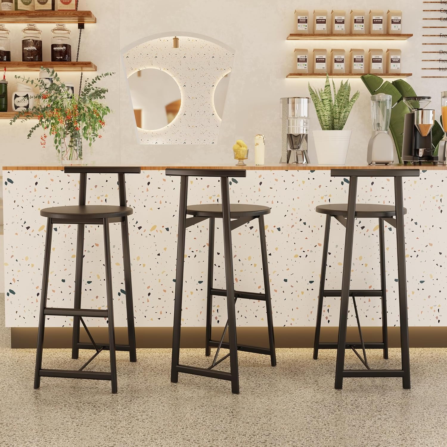 Set of 3 Wooden Round Bar Stools with Footrest, Modern Counter Height Chairs with Metal Frame ...