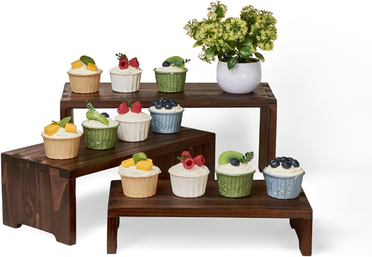 Set of 3 Wooden Rustic Cupcake Stand for 24 Cupcakes, Stepped Wood Display Stand for Weddings ...