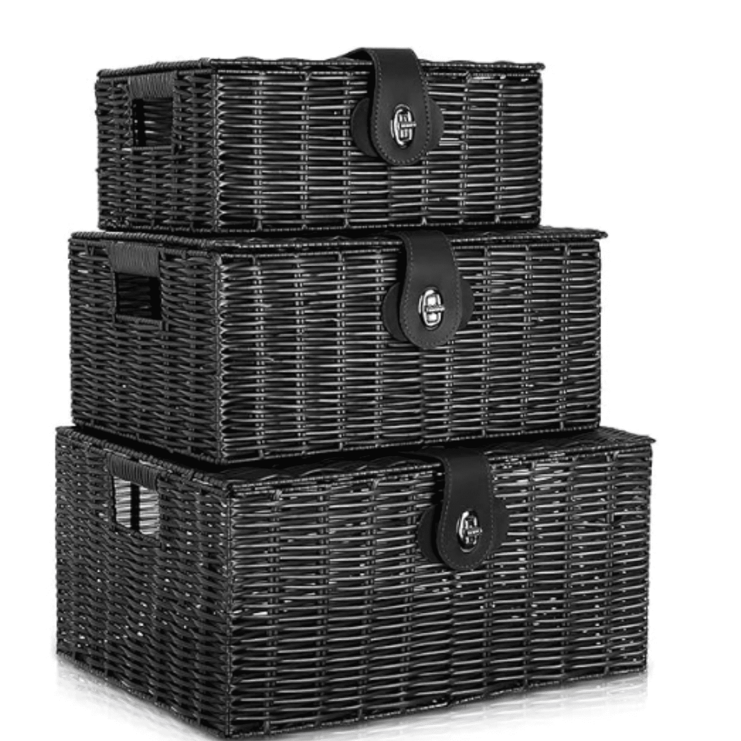 Set of 3 Woven Storage Basket Box Wicker Hamper Stackable Bin with Li & Lock, Built-in Carry ...
