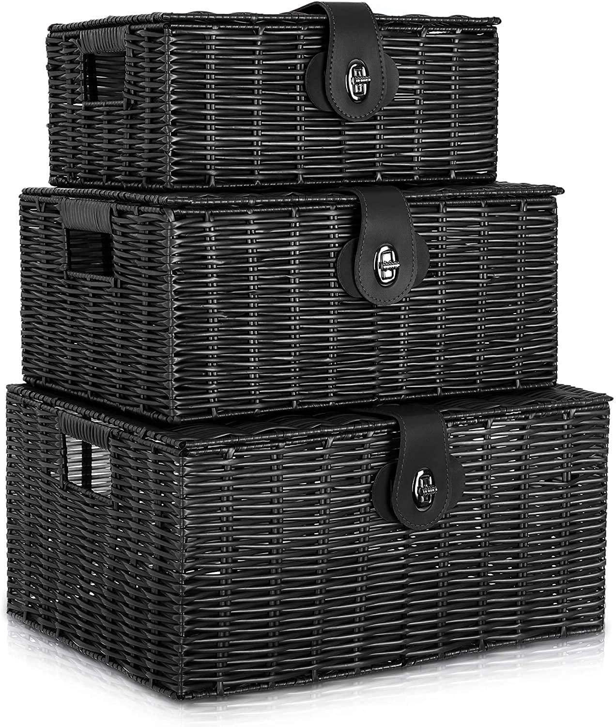 Set of 3 Woven Storage Basket Box Wicker Hamper Stackable Bin with Lid ...