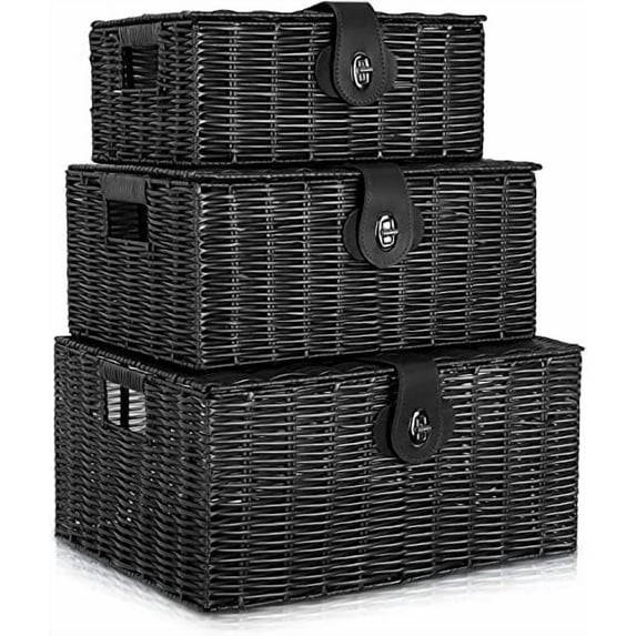 Set of 3 Woven Storage Basket Box Wicker Hamper Stackable Bin with Lid ...