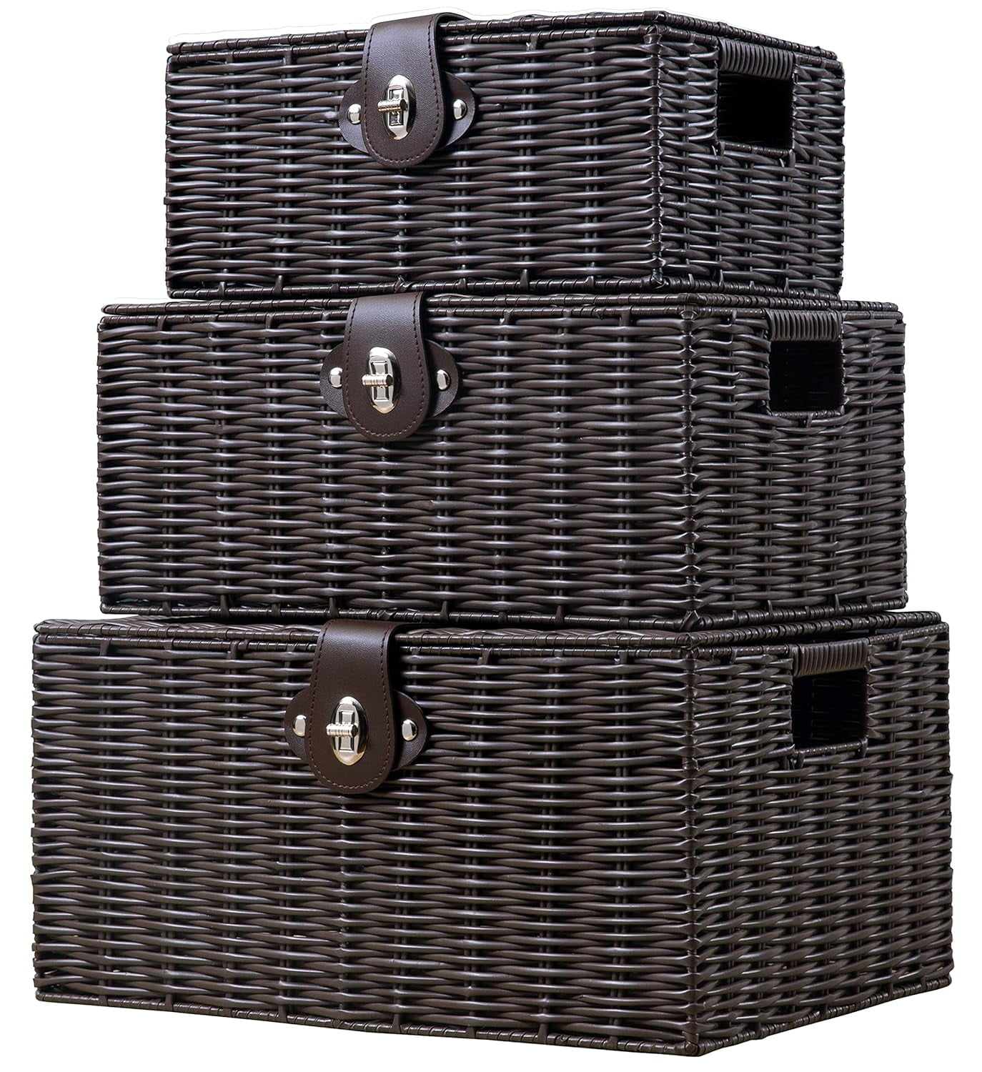 Set of 3 Woven Storage Basket Box Wicker Hamper Stackable Bin with Lid ...