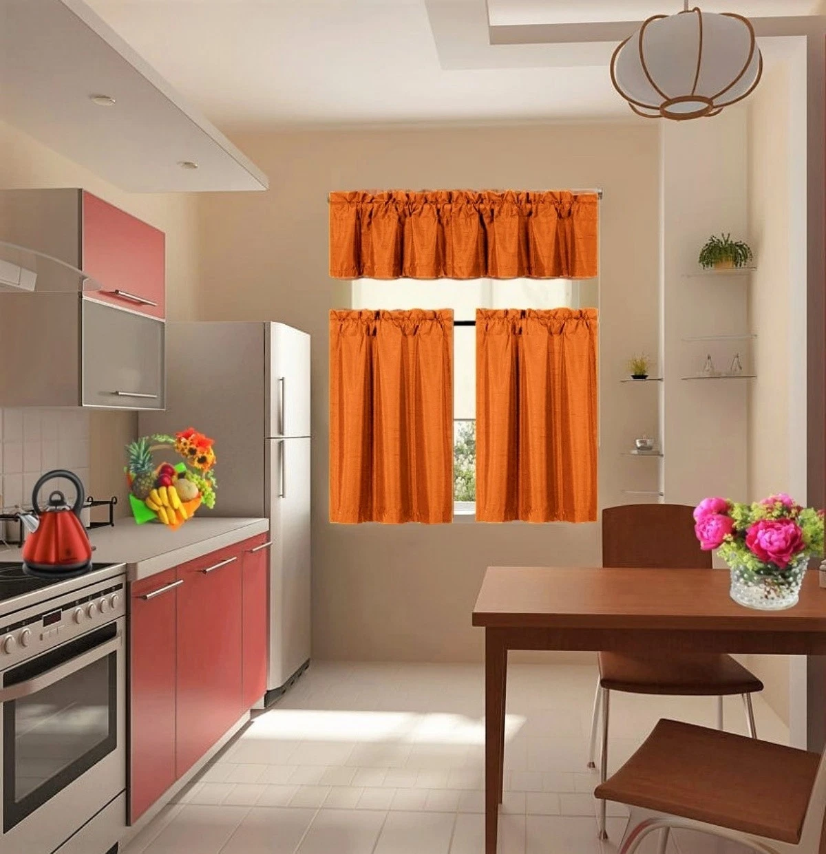 Set of 3 Pieces Kitchen Curtain Blackout K33 Brick Orange Rod Pocket ...
