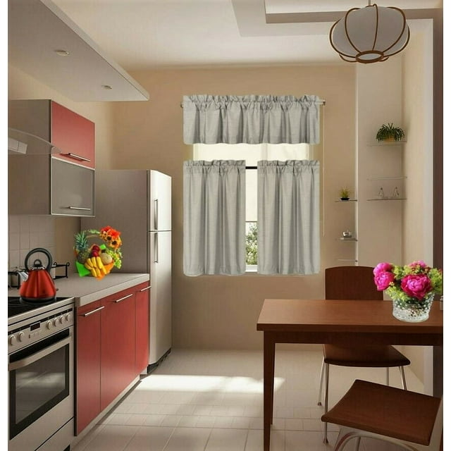 Set of 3 pieces Kitchen Curtain Blackout K33 Silver color Rod Pocket ...