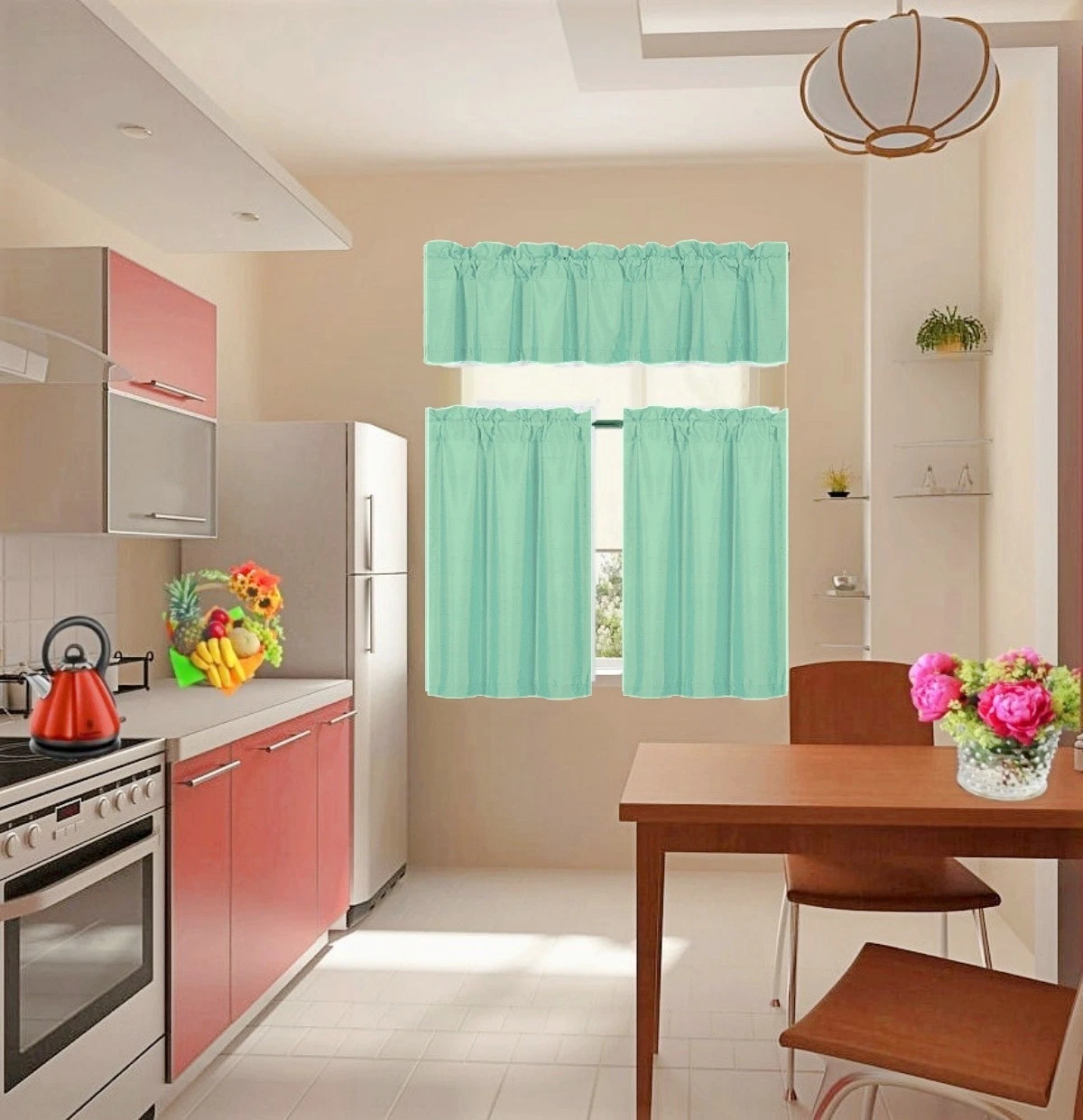 Gorgeous Home Linen Set of 3 Pieces Kitchen Curtain Blackout K33 Teal ...