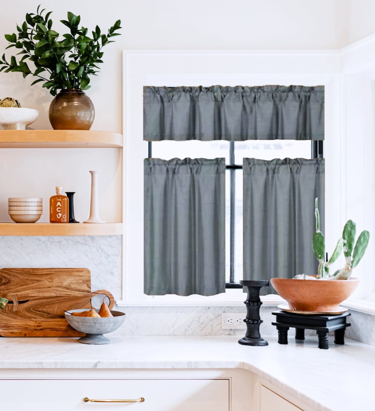 3pc Blackout Kitchen Curtain Set, Charcoal Rod Pocket, Includes Two ...