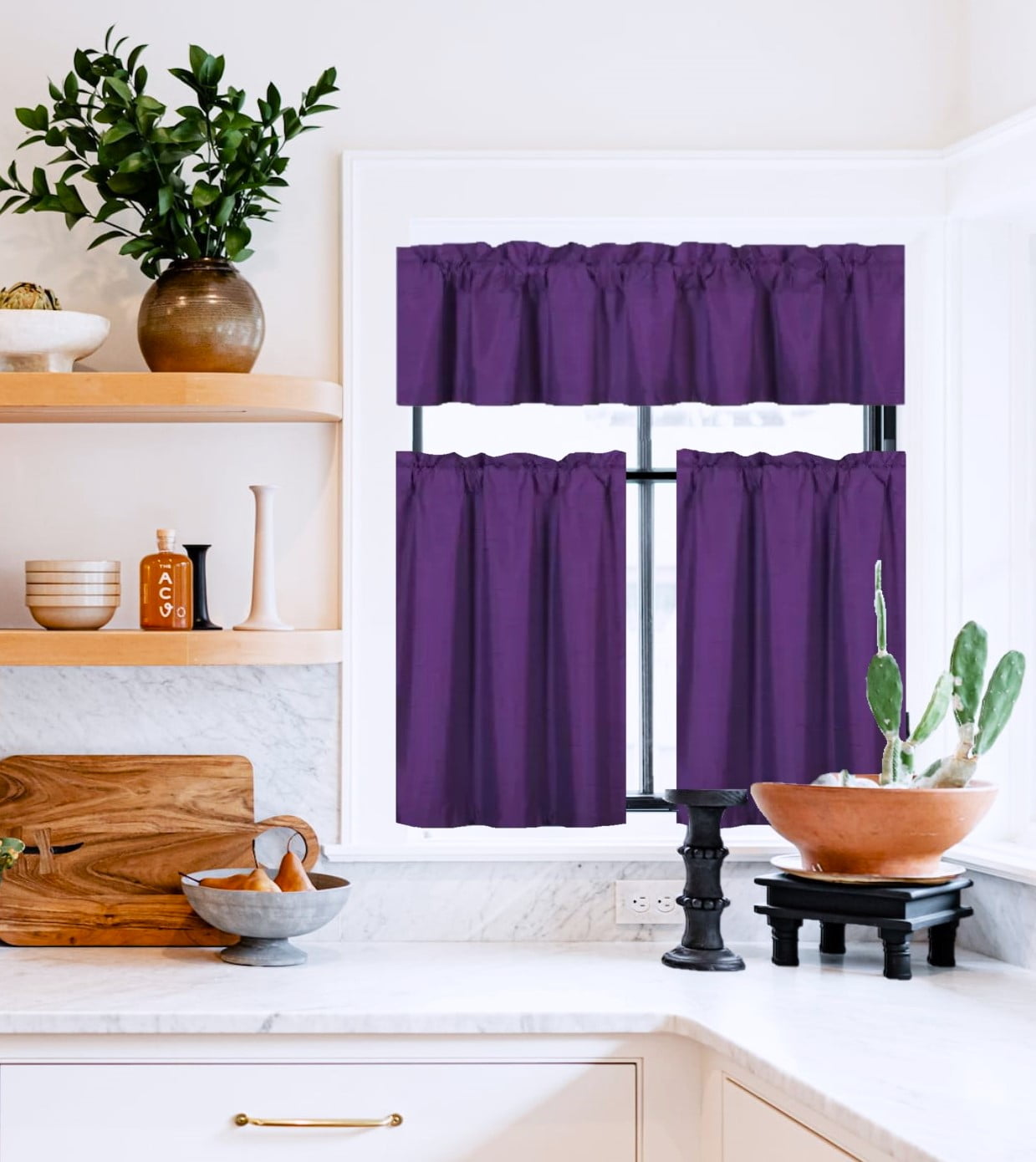 Set of 3 pieces Kitchen Curtain Blackout K4 Purple color Rod Pocket ...