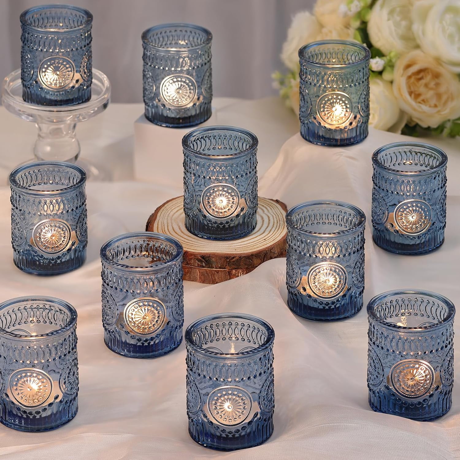 Set of 36 Blue Votive Candle Holders - Glass Tea Light Candle Holders ...