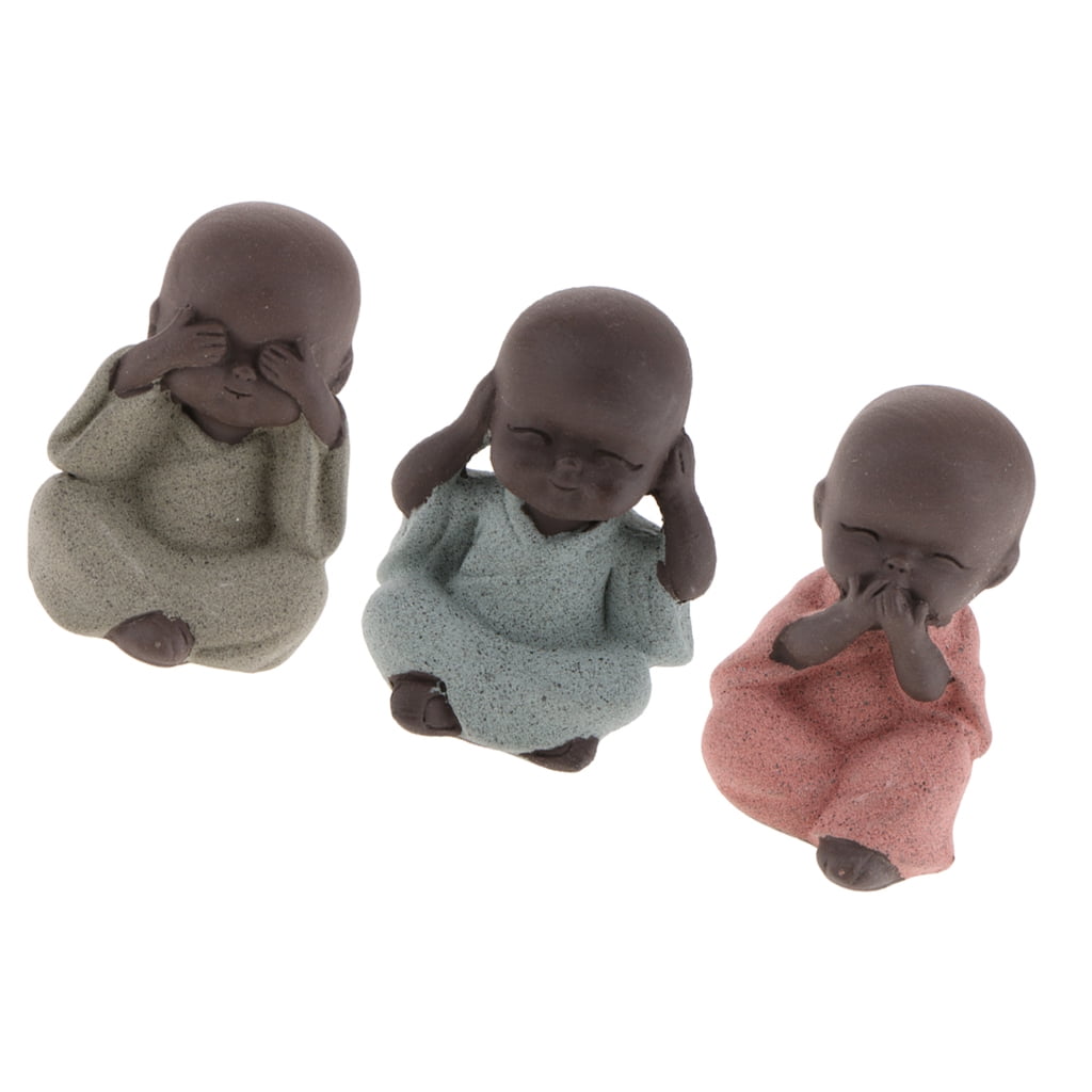 Set 3PCS Little Ceramic Monk Small Statue Collectable Figurines Tea Pet ...